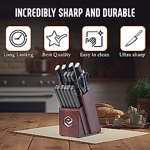 ECOMERR Kitchen Knife Set – 16 Piece German High Carbon Stainless Steel knife sets for kitchen with Block Wooden, Scissor and Knife Sharpener - Chef Knife Set & Rust proof