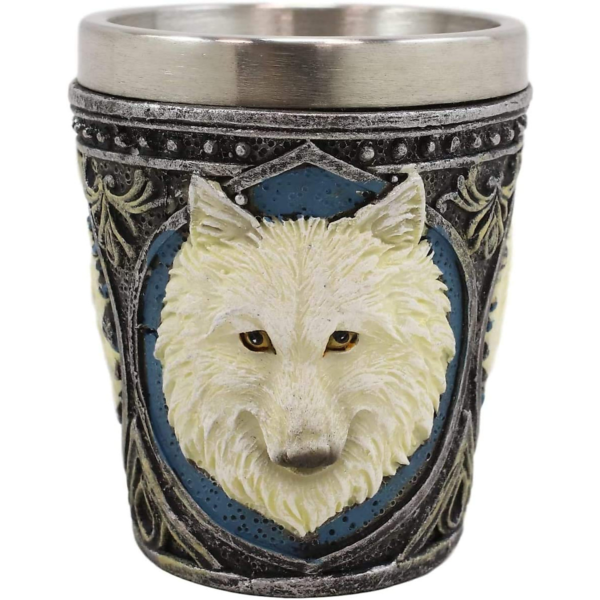 Ebros Pack Of 2 Full Moon Mythical Animal Spirit Gray And White Alpha Wolf Themed 2-Ounce Shot Glass Resin Housing With Stainless Steel Liners Wolves or Timberwolves Themed Souvenirs Favors