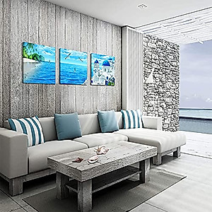 PINKNORDIC Santorini Landscape Beach Canvas Wall Art Mediterranean Blue Churches Seascape Nordic Style Canvas Painting Prints for Home Living Bathroom Wall Decor 12x12inchX3pcs