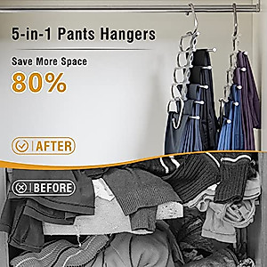 TECHMILLY Magic Pants Hangers Space Saving with Clips, 2 Pack Non-Slip Closet Organizer Hanger, Multi Use 5 in 1 Pants Rack Hanger for Jeans, Trousers, Leggings (Gray)