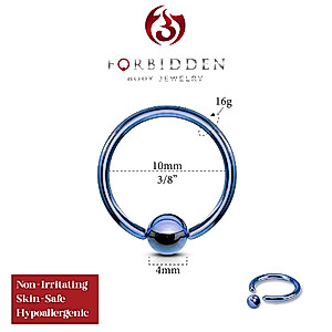 Forbidden Body Jewelry 16g 3/8 Inch Surgical Steel Blue IP Plated Captive Bead Hoop Ring