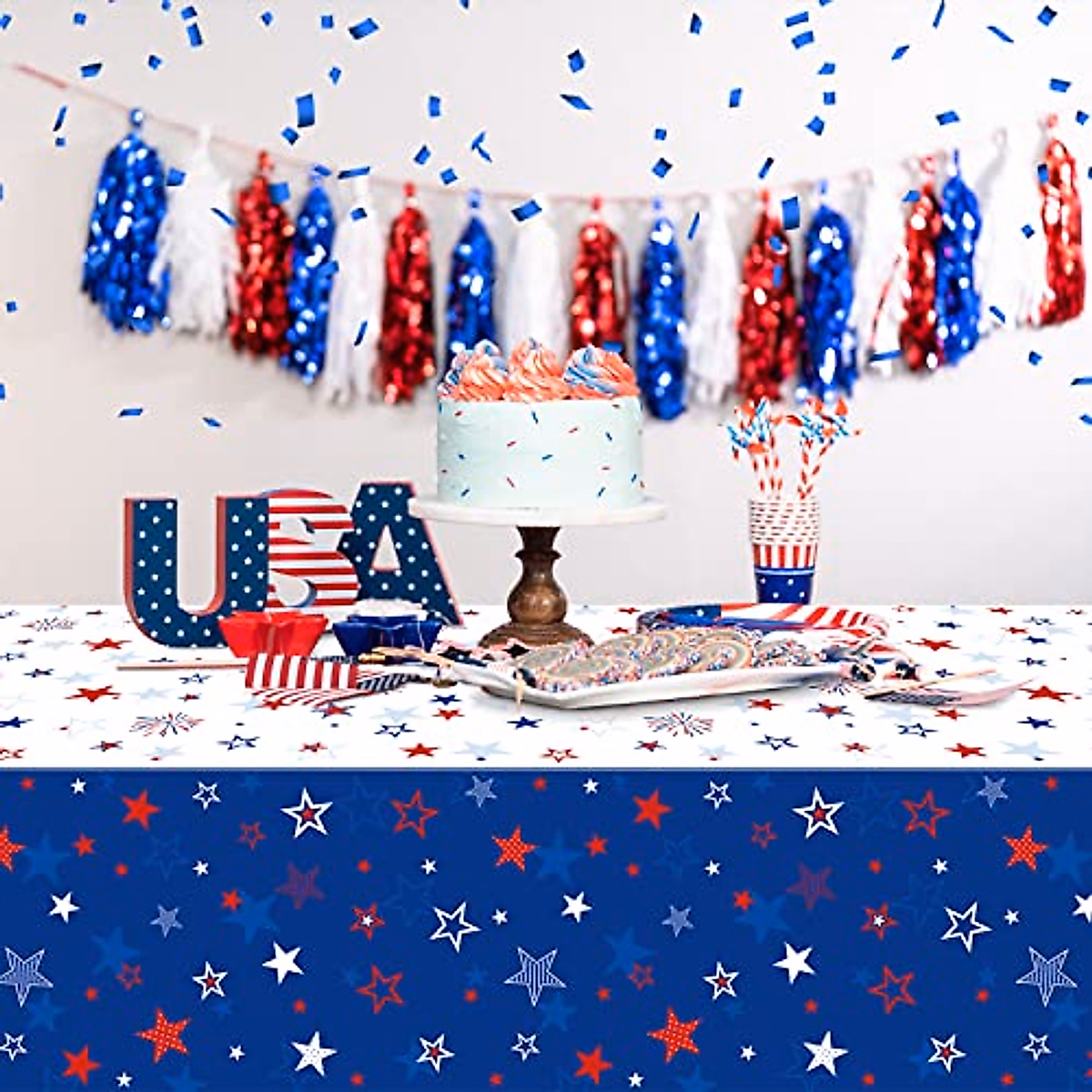 3 Pack Patriotic Tablecloth Decorations for 4th of July Independence Day, Plastic Memorial Day Table Cover Printed with Stars and Fireworks for Patriotic Themed Party Supplies, 54 x 108 Inch