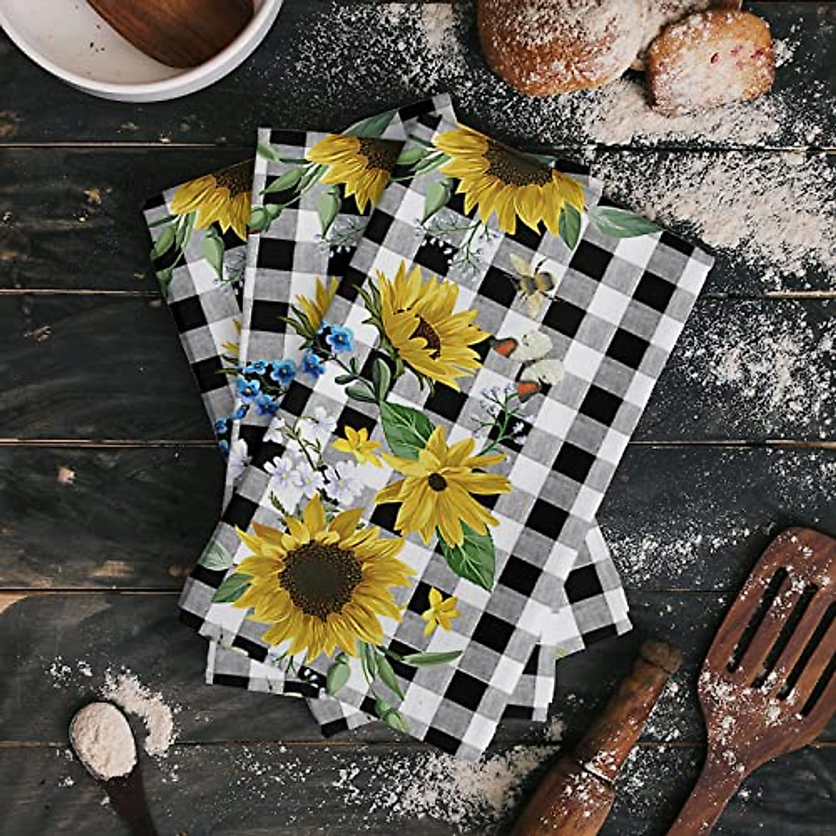 Big buy store Sunflower Floral Butterfly Bee Kitchen Dish Towels, Soft Lightweight Microfiber Absorbent Decorative Hand Towel Black Buffalo Plain Tea Towel Guest Towel for Kitchen Bathroom 18x28in