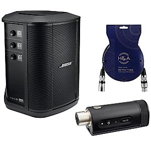 Bose S1 Pro+ Portable Wireless PA System with Bluetooth, Black with XLR Wireless Mic/Line Transmitter + H&A 6' XLR Cable