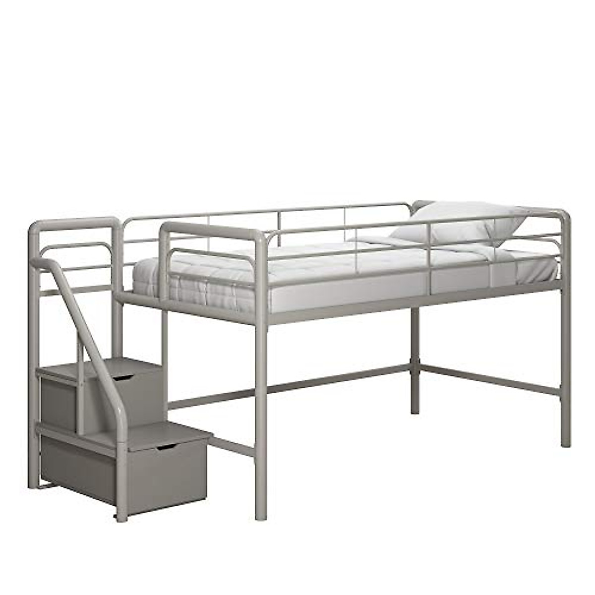 DHP Junior Twin Metal Loft Bed with Storage Steps, Multifunctional Space-Saving Solution - Silver with Gray Steps