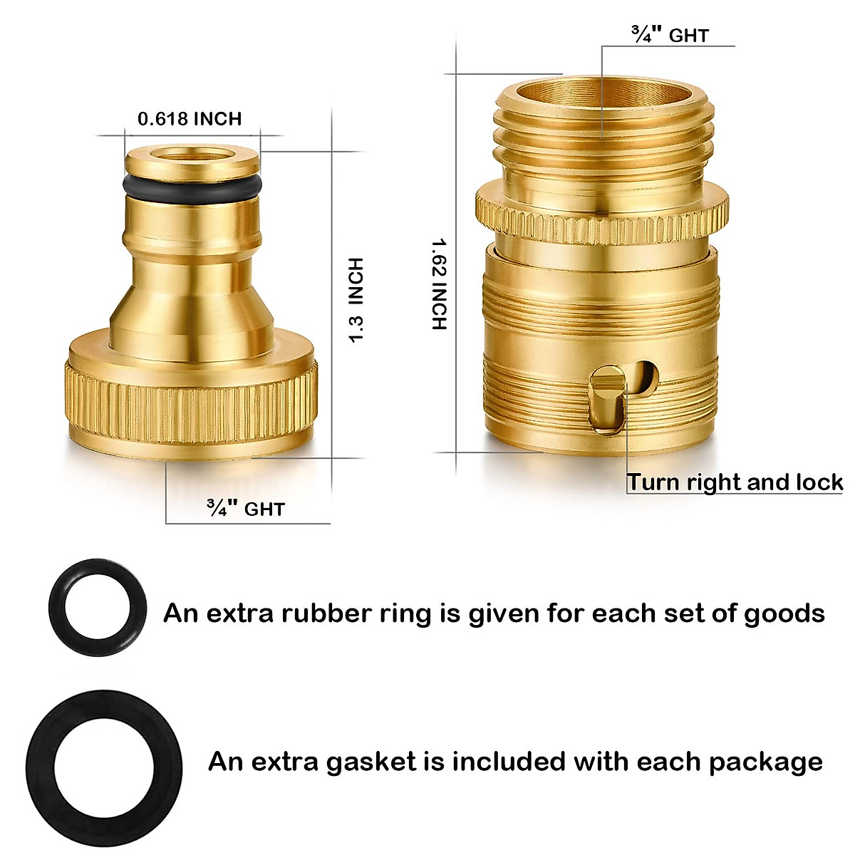 YELUN Garden Hose Quick Connect Solid Brass 3/4 inch GHT External Thread Easy Connect Fittings No-Leak Water Hose Male Quick Connector and Female product adapters (1 SET)