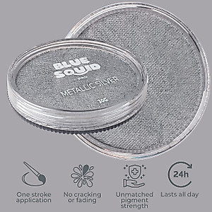 Blue Squid PRO Face Paint - Professional Water Based Single Cake Facepaint & Body Paints - SFX Makeup, Kids Adults Face Painting for Costume, Halloween, Cosplay - Metallic Silver 30g / 1oz