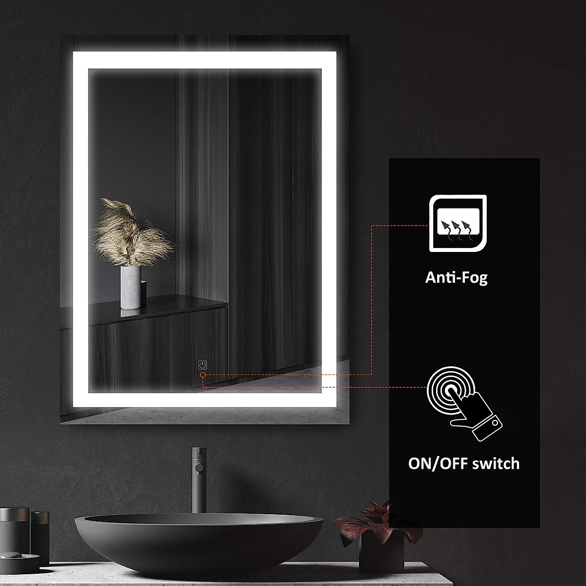 HOMCOM LED Bathroom Mirror Wall Mount Vanity Make Up Mirror with Dimmable Touch Switch Control and Defogger, Waterproof - 32" x 24"