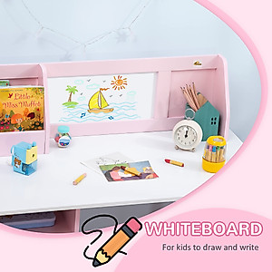 Qaba Toddler Desk and Chair Set, Kids Writing Desk Study Table for Children with Whiteboard, Storage Cabinet, Child Furniture, Art Gifts for Kids, Pink