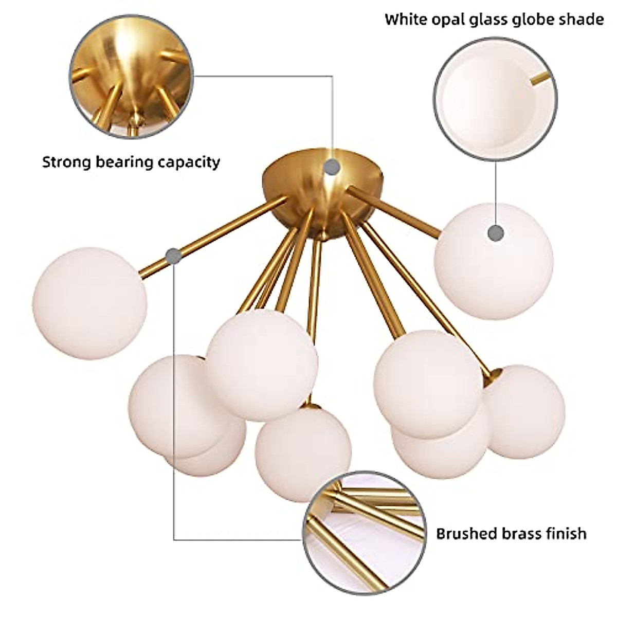 BAODEN Large 9 Lights Modern Globe Semi Flush Mount Ceiling Light Mid Century Sputnik Chandeliers with White Globe Glass Lampshade Brushed Brass Elegant Light Fixture for Living Room Lighting(Gold)