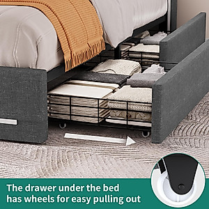 YITAHOME Queen Size Bed Frame w/4 Drawers, Upholstered Bed Frame with LED Lighting, Storage Bed Frame w/Device Charging Hub, Box Spring Not Required, Elegant Gray