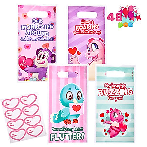 JOYIN 48 Pieces Valentines Day Gift Bags Valentine Goodies Bag for Kids Party Favor Supplies Valentine’s Treat Bags including To and From stickers