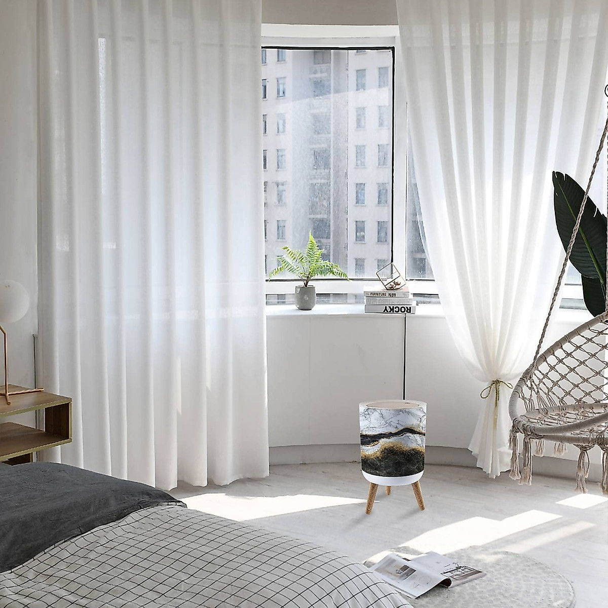 IBPNKFAZ89 Abstract marbling Black and White Marble with Golden Veins Fake Trash Can with Lid Small Garbage Bin Wood Waste Bin Press Cover Round Wastebasket for Bathroom Bedroom Kitchen 7L/1.8 Gallon