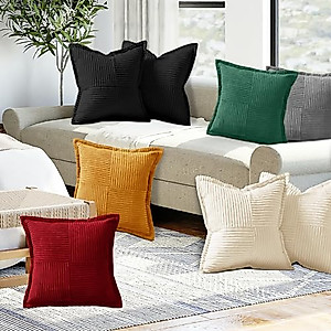 PENUFILO Black Corduroy Pillow Covers 18X18 Set of 2, Fall Soft Solid Striped Throw Pillow Covers for Living Room Couch Bed Sofa Home Decor Patchwork Textured Square Decorative Cushion Case