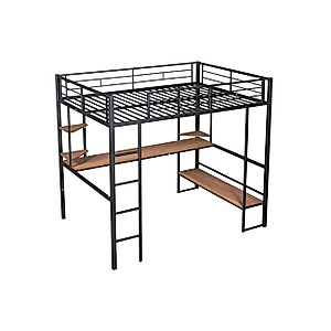 BIADNBZ Full Size Loft Bed with Desk and Shelves Storage, Metal High LoftBed Frame w/Ladder for Kids Teens Adults Bedroom, Black