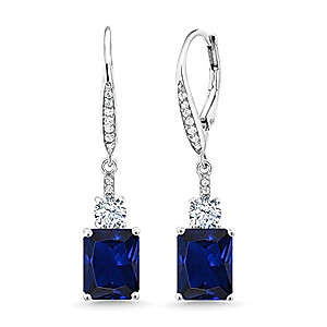 Gem Stone King 925 Sterling Silver Blue Created Sapphire Dangle Earrings For Women (5.40 Cttw, Gemstone September Birthstone, Octagon 9X7MM)