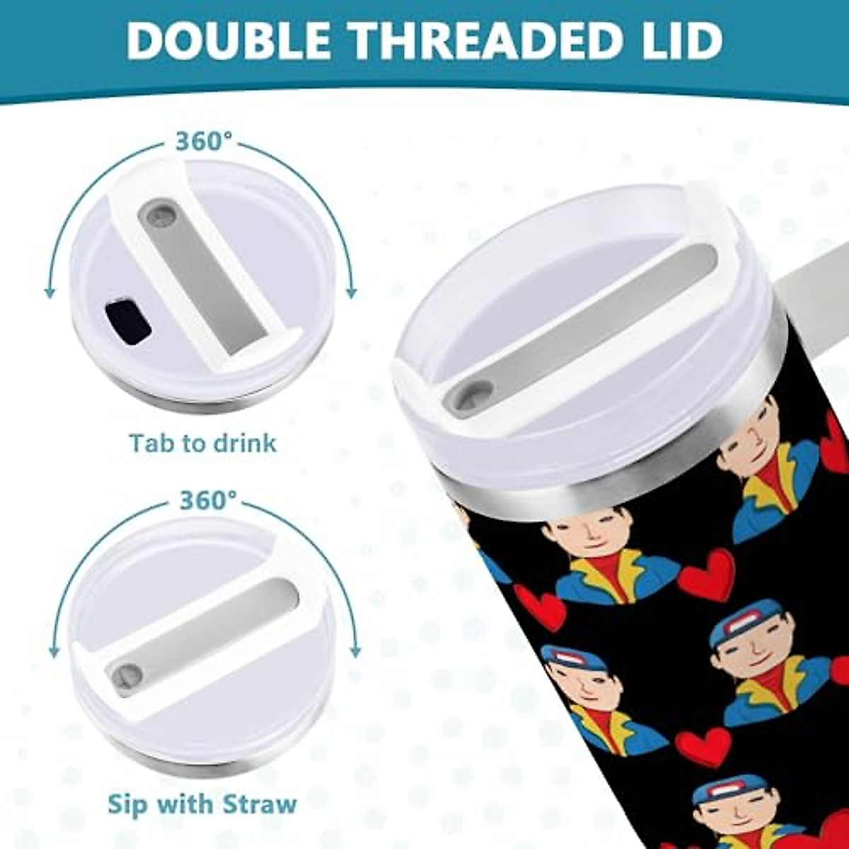 RPLIFE Cute Boy Hearts Black 40 Oz Tumbler with Handle, Stainless Steel Coffee Cup, Insulated Coffee Tumbler