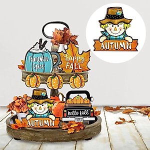 Guoofu Fall Scarecrow Tiered Tray Decor, Farmhouse Pumpkin Tray Decorations, Happy Fall Maple Leaf Truck Pumpkin Spice Wooden Signs, Autumn Thanksgiving Rustic Home Decor for Party Tabletop