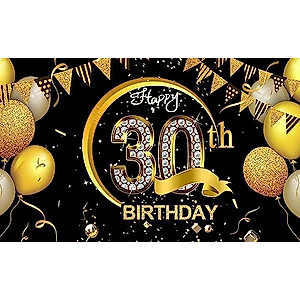 Happy 30th Birthday Banner for Men/Women, Black Gold 30th Birthday Decorations, 30th Birthday Poster Sign, 30th Birthday Party Photo Booth Props (70.8in x 43.3in)