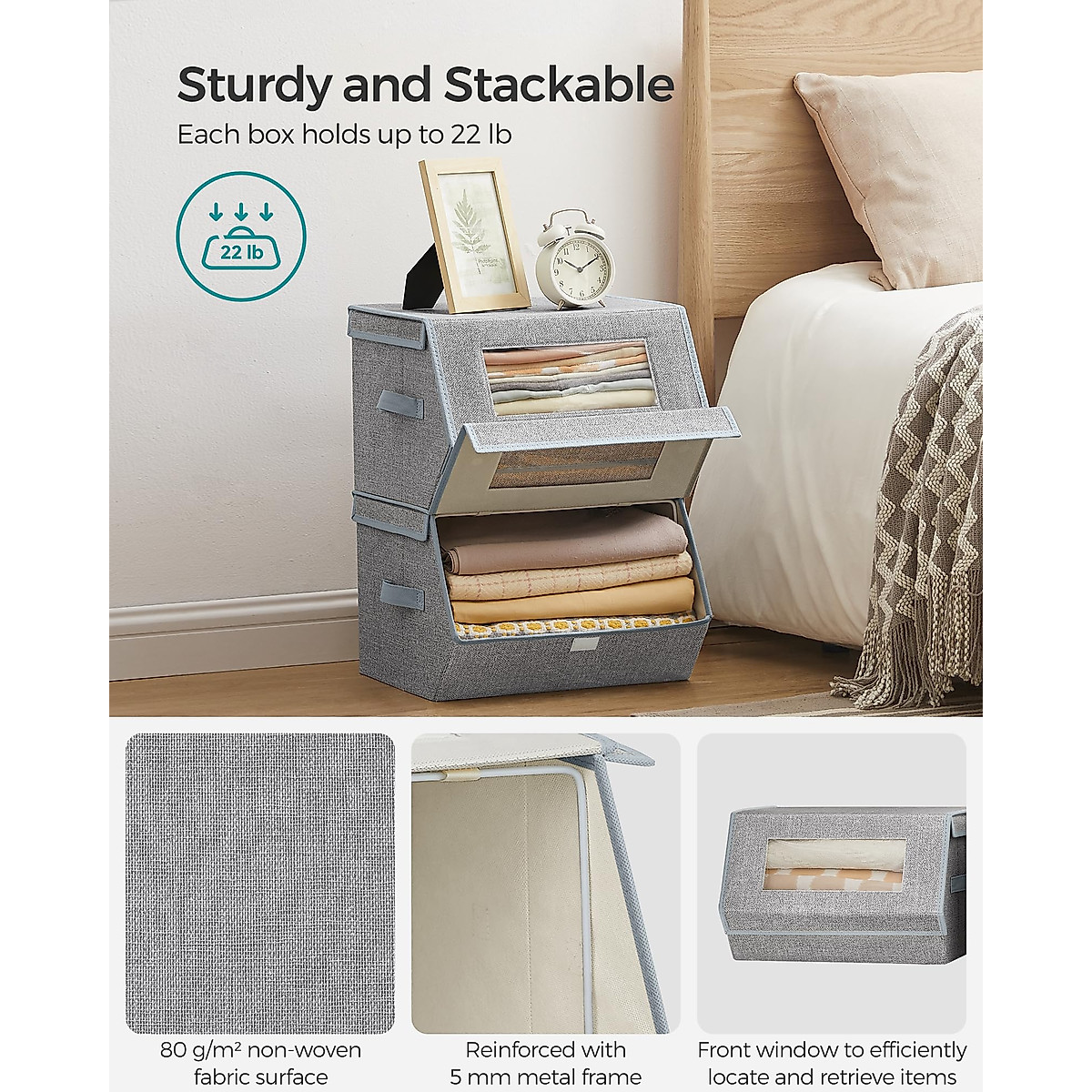 SONGMICS Stackable Storage Bins Set of 2, Storage Boxes with Lids and Front Windows, Non-Woven Fabric Closet Organizers with Magnetic Closures, Side Handles, Dove Gray URLB002W01
