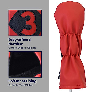 Majek Retro Golf Headcovers Red with White and Blue Stripe Vintage Leather Style 1 3 5 Driver and Fairway Head Covers Fits 460cc Drivers Classic Look