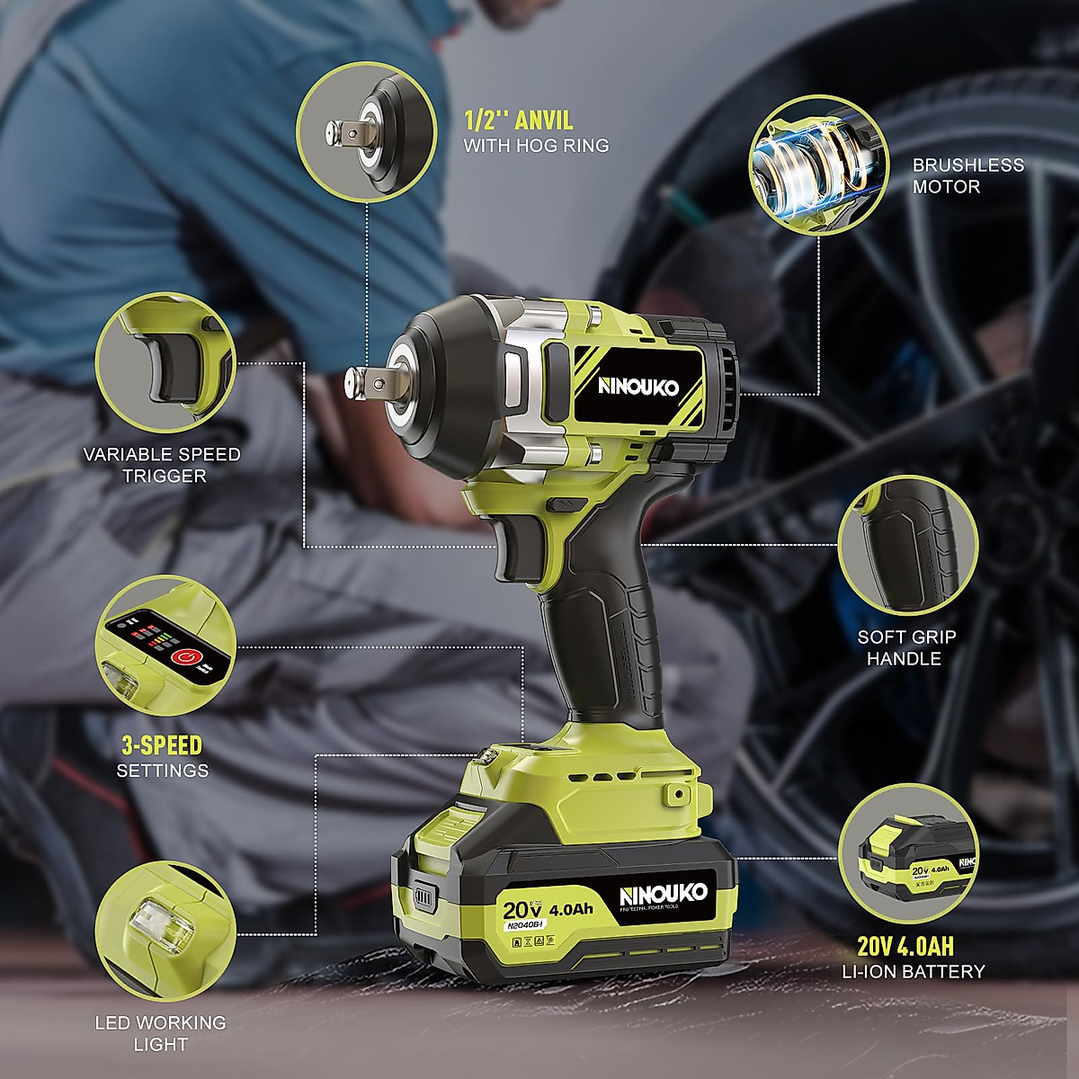 1000N.m (740 ft-lbs) Cordless Impact Wrench, 20V High Torque Brushless 1/2" Impact Gun with 2 x 4.0Ah Batteries and Fast Charger, 4 Sockets, 125mm Extension Bar - Perfect for Home, Car, and Truck Use