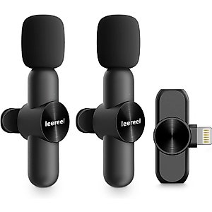 Leereel 2 Pack Wireless Lavalier Microphones for iPhone iPad, 2.4GHz Plug & Play Lapel Clip-on Mic for YouTube TikTok Interview Live Stream Video Recording - 3 Levels Noise Reduction, Auto Sync