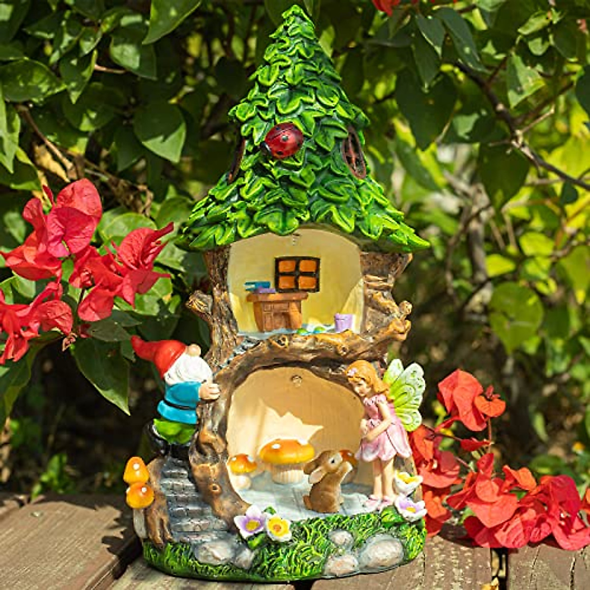 Ovewios Fairy House Statues Outdoor Decor, Large Garden Gnome House Figurines with Solar Lights Waterproof Resin Outdoor Statues for Patio Yard Lawn Decorations
