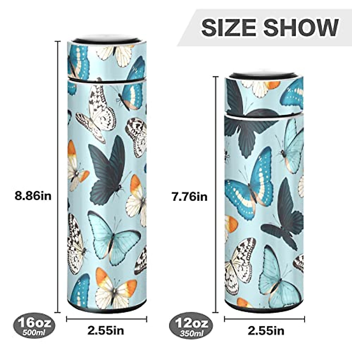 CaTaKu Small Water Bottle 12 oz, Colorful Butterfly Insulated Water Bottle for Water Coffee Tea Stainless Steel Flask Thermos Bottle Reusable Wide Mouth Vacuum Travel Mug