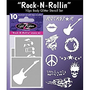 Rock N Rollin Stencil Set and Rock Star Glitter Tatto Kit - HYPOALLERGENIC and DERMATOLOGIST TESTED! - with 6 Large Glitters & 12 Stencils for Temporary Tattoos