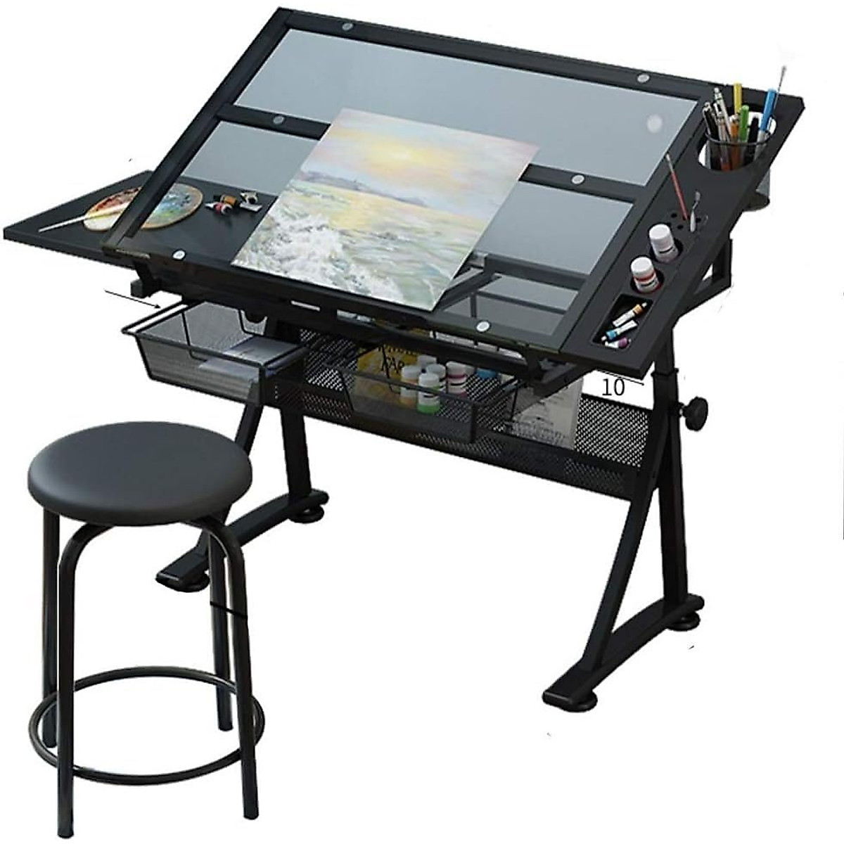 XiVue Drafting Table with Storage, Height Adjustable Tiltable Art Desk, Glass Panel Drawing Desk, for Work Study Painting Craft Table