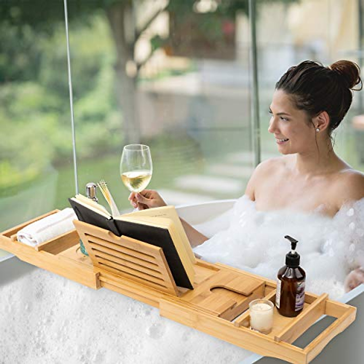 Lifestyle Expandable Bath Tub Tray - A Lovely Expandable Wooden Tray with Space for Wine Glass, Book/iPad Stand, Towels, and Bathing Gel. Great for Relaxation After Works and Family Activities.