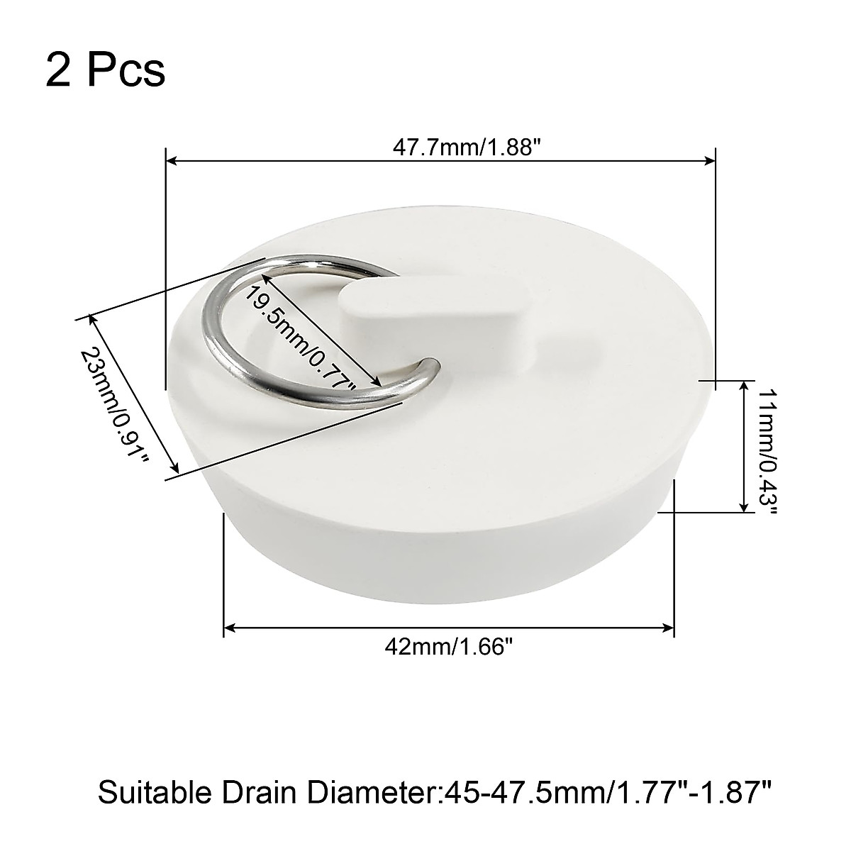LifCratms 2Pcs White Rubber Drain Stoppers, 1-3/4 Inch Rubber Sink Plug Sink Stopper Drain Plug with Hanging Ring for Kitchen Laundry Bathroom Bathtub, Fits 45-47.5mm