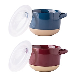 AmorArc 24 Ounces Soup Bowls with Large Handles and Lids, Stoneware Bowls Set of 2 for Soup, Cereal, Stew, Noodle, Colourful Ceramic Kitchen Bowls, Microwave&Dishwasher Safe, Blue&Red