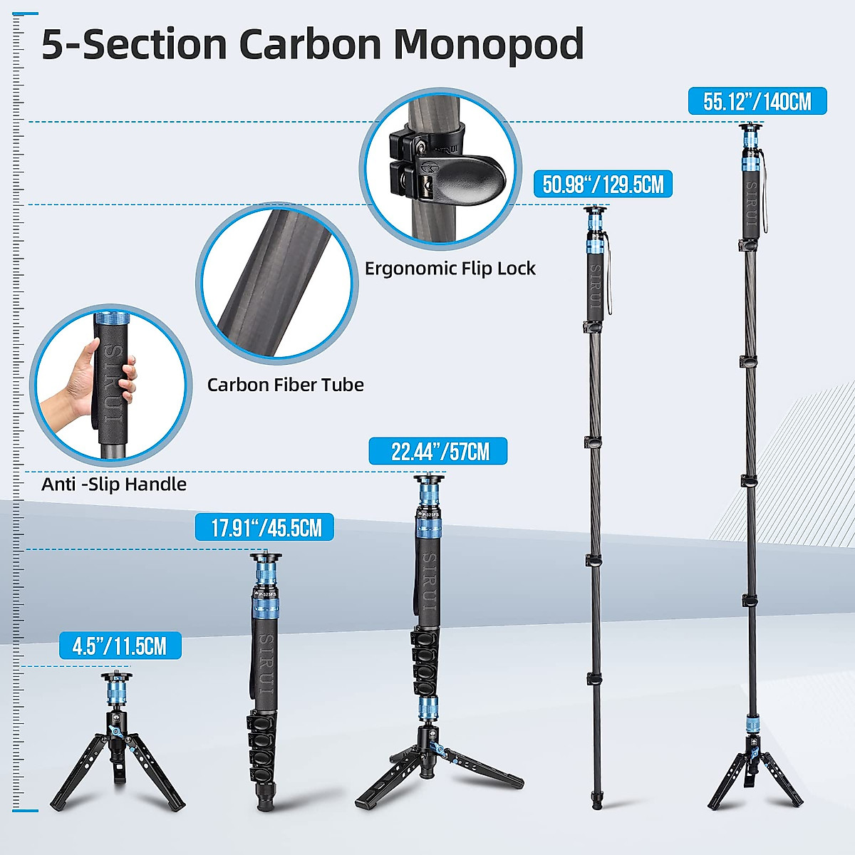 SIRUI P-325FS Monopod with Feet, 55" Carbon Fiber Monopod for Cameras, Professional Lightweight Travel Monopod, Max Load 22lbs, 360° Panorama, 5-Section, Quick Release Plate