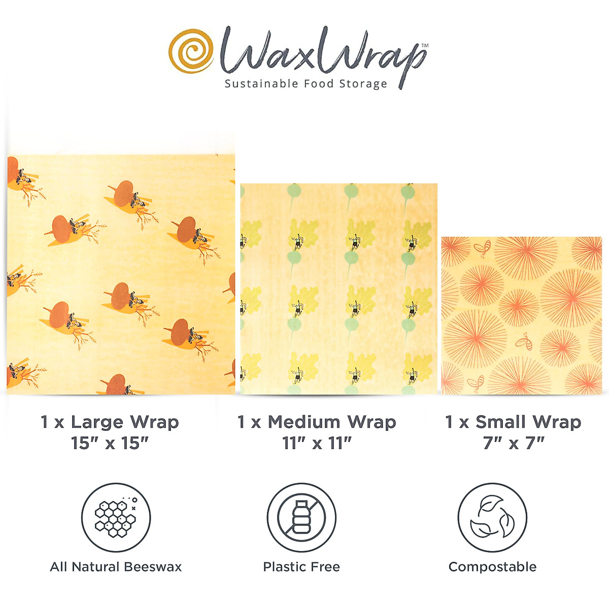 WaxWrap Beeswax Wraps for Food - Organic Cotton Food Wraps - Eco Friendly Reusable Stretch Wrap - Bees Wax Wraps Reusable Food Storage | Assorted 3 Pack (S, M, L)