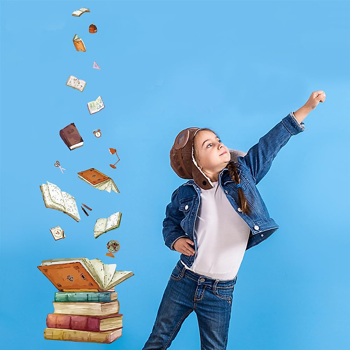 SUPERDANT Magic Book Wall Decals Wall Stickers with Flying Book School Bag Scissors for Bedroom Wall Mural Ruler Globe Wall Decor for Reading Room Classroom Birthday Gift