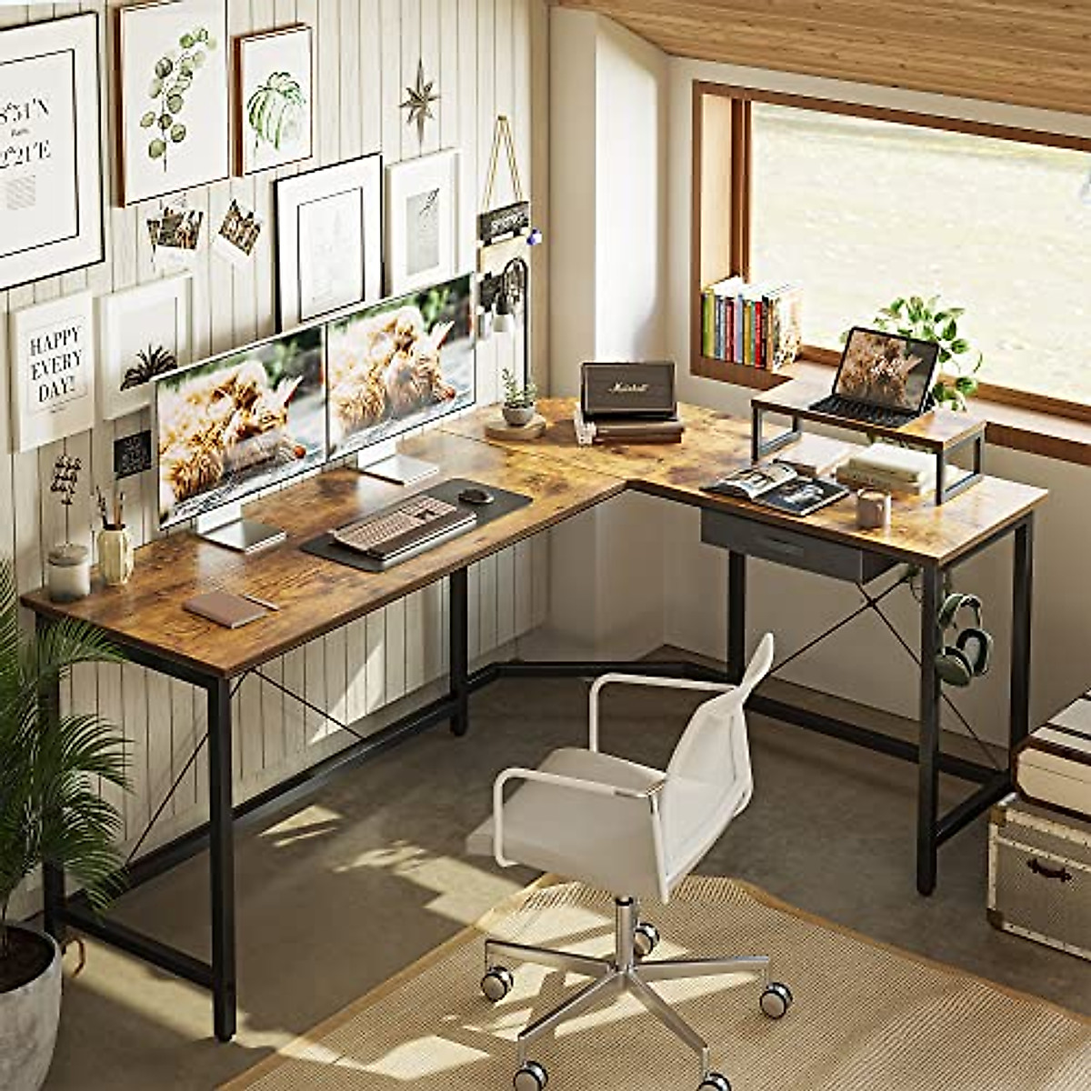 CubiCubi 66 x 47 inch L-Shaped Desk Computer Corner Desk, Home Office Gaming Table, Sturdy Writing Workstation with Small Table, Space-Saving, Easy to Assemble, Rustic Brown