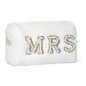 Bride Makeup Bag,Bride Bag MRS White Makeup Bag,Pearl Letter Patch Cosmetic Bag,Toiletry Bag Skincare Bag PU Leather Makeup Bag Zipper Purse,Bride to be Gifts,Bride Gifts,Engagement Gifts for Women