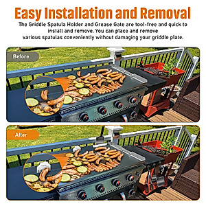 RUSFOL 3-in-1 Stainless Steel Griddle Spatula Holder with Mesh Screen Grease Gate and 3 Magnetic Hooks for 28"/36" Blackstone Griddles, Flat Top Griddle BBQ Accessories, Free from Drill&Easy Install