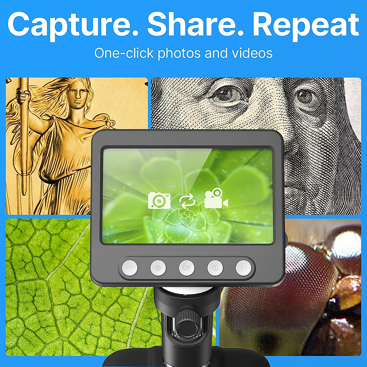 Digital Microscope, 4.3" LCD USB Coin Microscope, 1000X 1080P Error Coin Magnifier with 8 Adjustable LED Lights, PC View, Compatible with Windows for Adults Kids