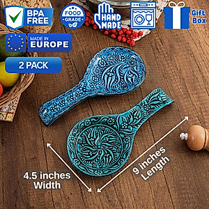 BCS Spoon Rest Set of 2 - Ceramic Spoon Holder for Stovetop & Kitchen Counter - Dishwasher Safe Handmade Kitchen Utensil (Turquoise 4.5" W x 9" L)