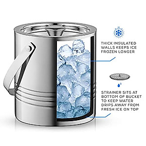 JoyJolt Metal Double Wall Ice Bucket with Lid, Ice Tongs and Strainer. 3L Insulated Ice Bucket for Cocktail Bar, Wine, Home Bar Accessories, Parties, Champagne Bucket. Stainless Steel Ice Buckets