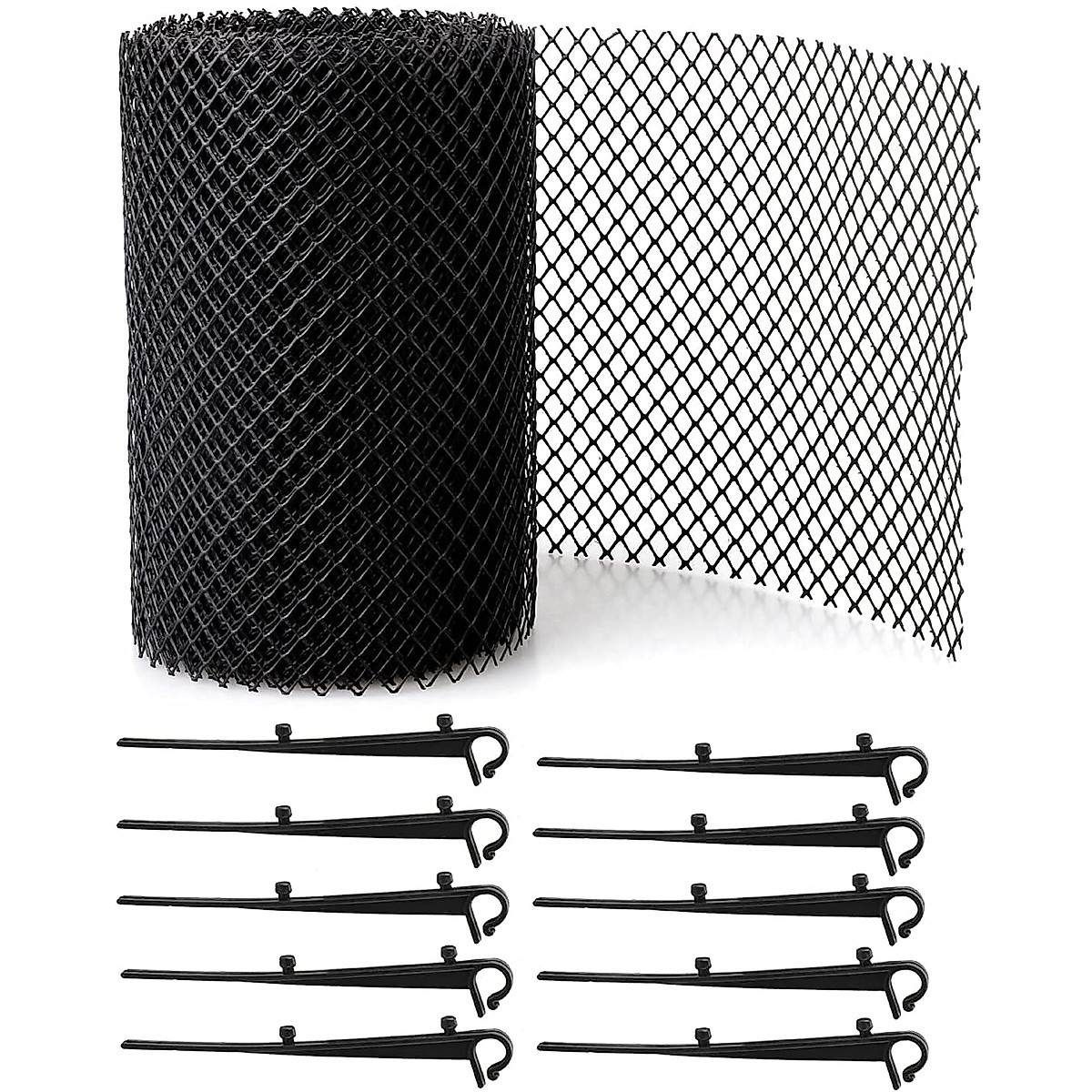 Plastic Gutter Guard Mesh Protector, 6” x 20 Ft Roofing Gutters Screen Roll with 10 Clip Fixing Hooks, Leaf Protection Cover Netting to Stop Gutter Drain Downspout Clogging from Leaves or Debris