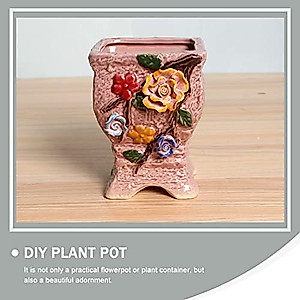 VOSAREA Hand Painted Square Succulent Planter Cactus Planter Pot Bonsai Pot Clay Pot Flower Pot Floral Design Random Color