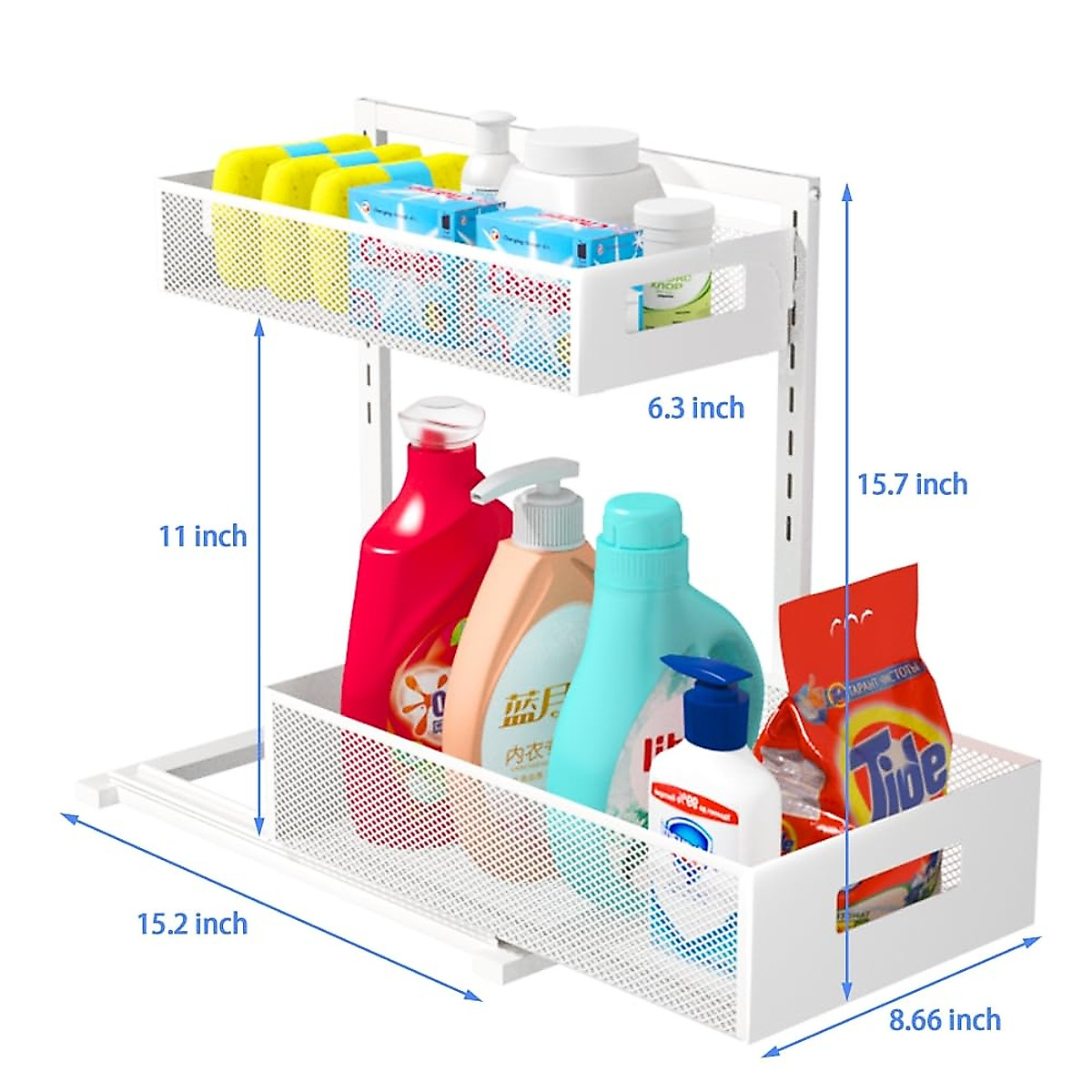 Under Sink Organizer and Storage Adjustable Height 2 Tier Bathroom Organizer Pull Out Cabinet Organerkitchen organizers and storage fridge organizers and storage,White,XL-1 Pack