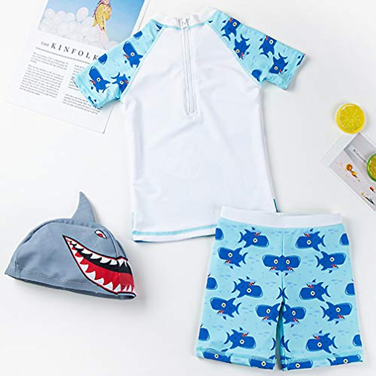 Toddler Baby Boys Two Pieces Swimsuit Swimwear Set Kids Bathing Suit Rash Guards with Hat UPF 50+ (9-18 Months, Swim Shark)