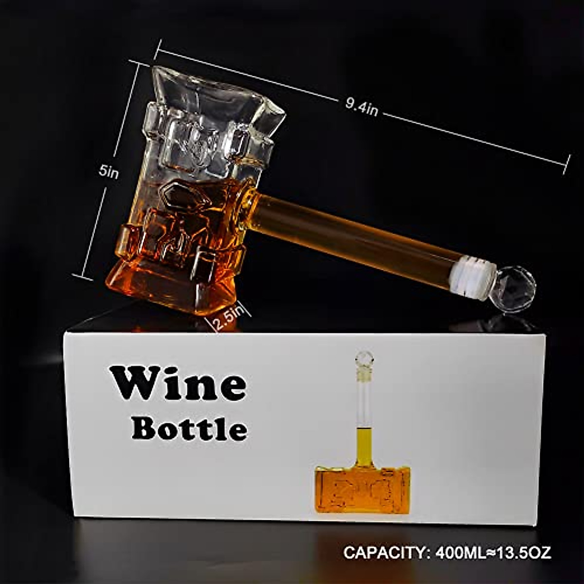 WUIIEN Decanter with Airtight Stopper - Liquor Glass Alcohol Bottle for Wine Bourbon Tequila Vodka Juice Unique Hammer Cool Funny Anniversary Birthday Gifts with Box for Men Boyfriend Dad 400ml