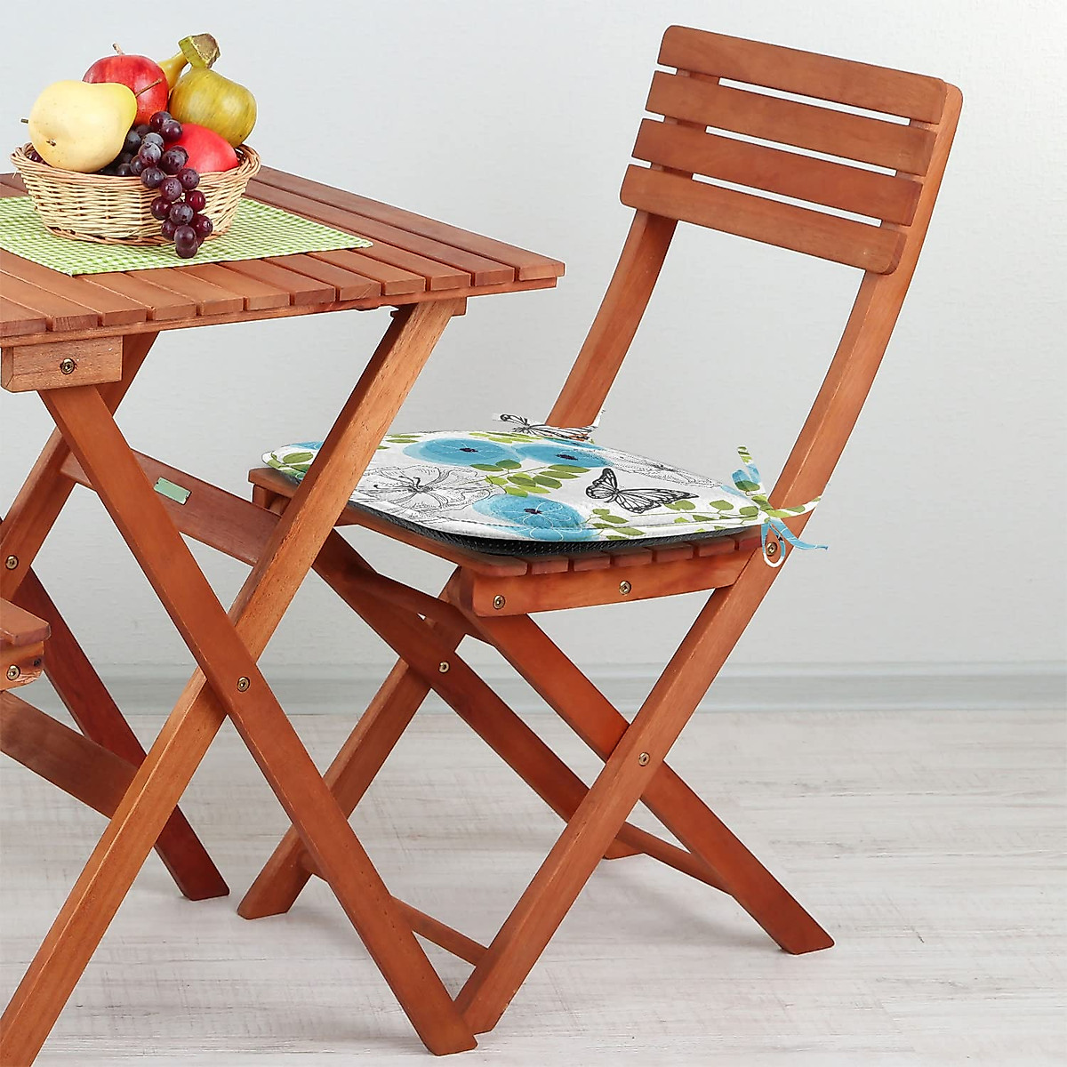 Lunarable Pale Blue Chair Seating Cushion Set of 6, Blue Poppies Butterfly Branches Leaves Botany Garden Nature Concept, Anti-Slip Seat Padding for Kitchen & Patio, 16"x16", Pale Blue Green White