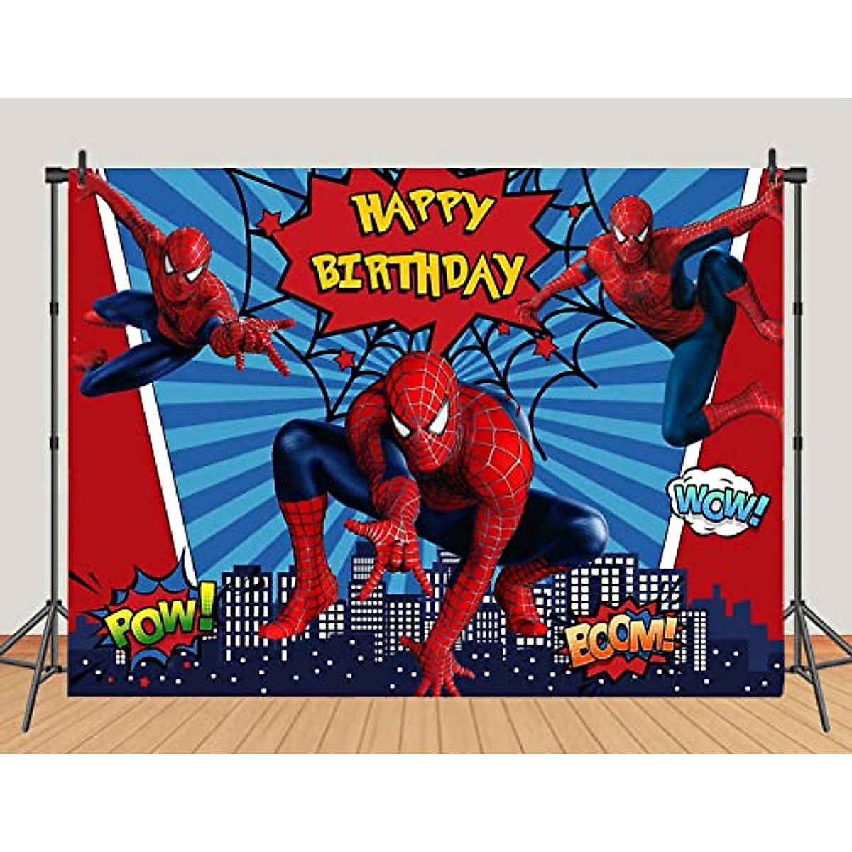 MengGeGe Cartoon Red Spiderman Photography Backdrop Super Cityscape Photo Background Baby Boys Girls Happy Birthday Supplies Superhero Party Banner Cake Table Decorations 8x6ft